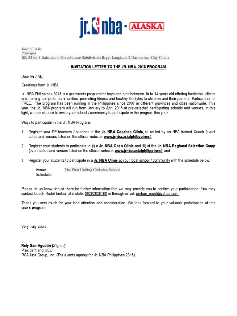 Invitation Letter To The Jr. Nba 2018 Program | PDF