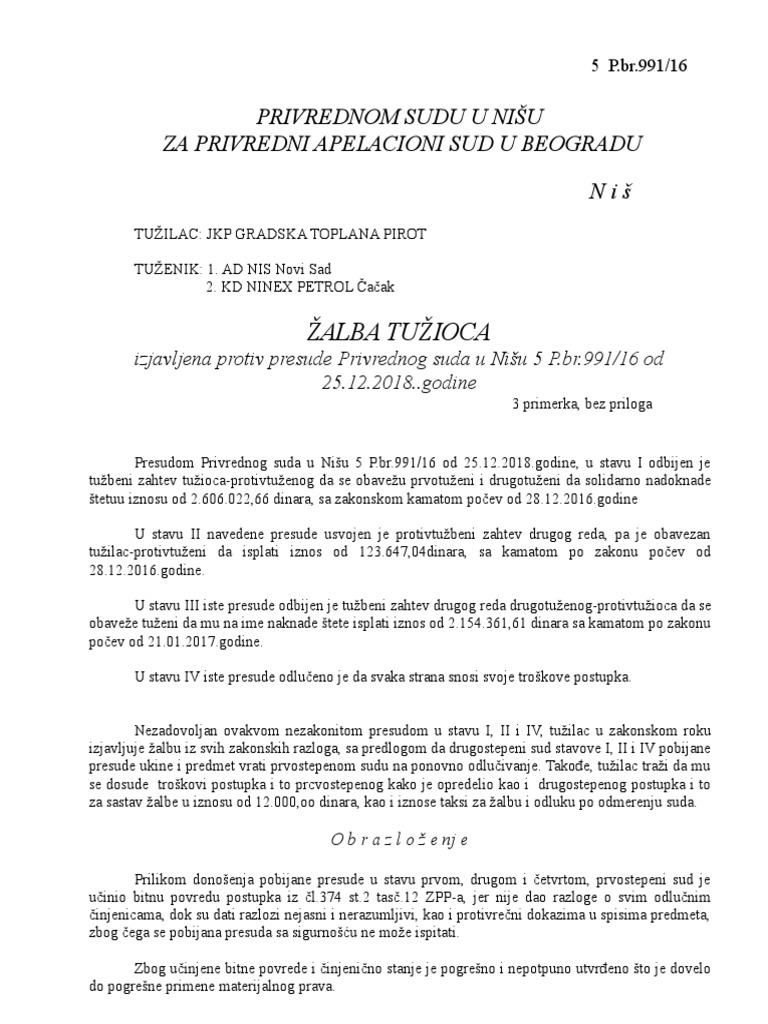 Zalba protiv presude Privrednog suda Nis