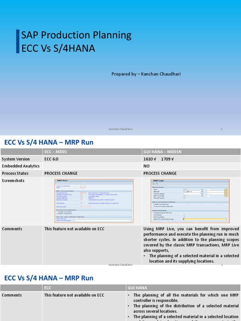SAP ECC Vs S4HANA Differences | PDF | Analytics | Application Software