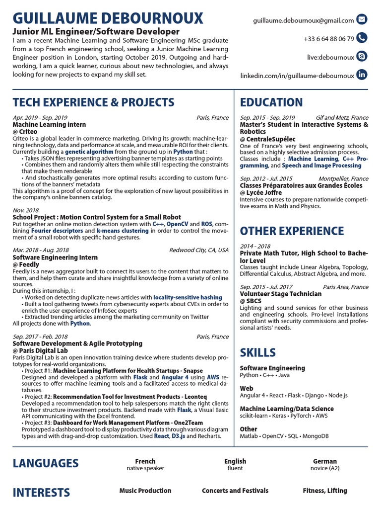 Guillaume Debournoux Resume 04-08-19 | PDF | Machine Learning | Areas Of Computer Science