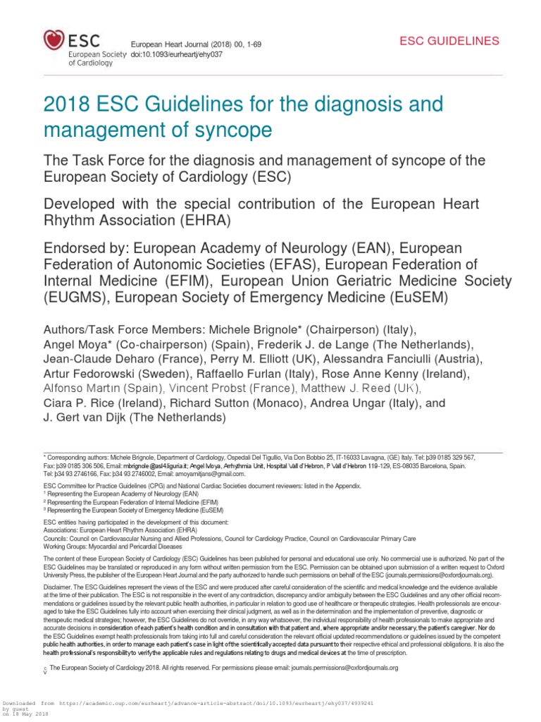2018 ESC Guidelines For The Diagnosis and Management of Syncope | PDF ...