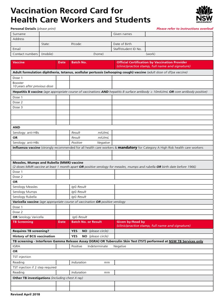 Vaccination Record Card for Healthcare Workers | PDF | Vaccines ...