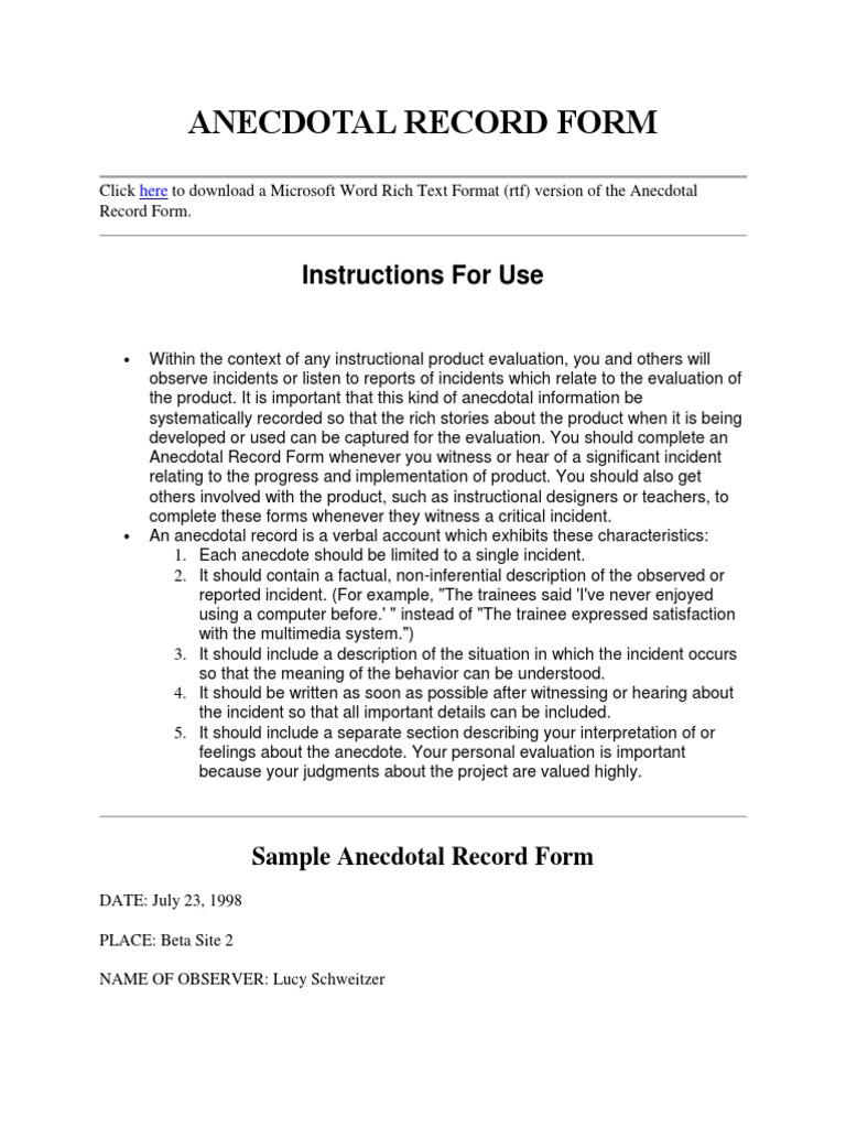 Anecdotal Record Form: Instructions For Use | PDF | Psychology | Cognition