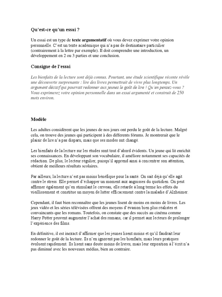 Essai sur les bienfaits de la lecture | PDF