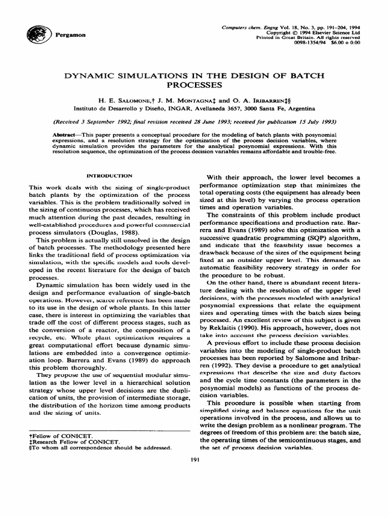 Dynamic Simulations in The Design of Batch Processes: Engng Vol. 18, No | PDF | Mathematical ...