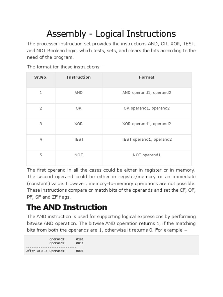 Assembly - Logical Instructions: The AND Instruction | PDF | Theory Of ...