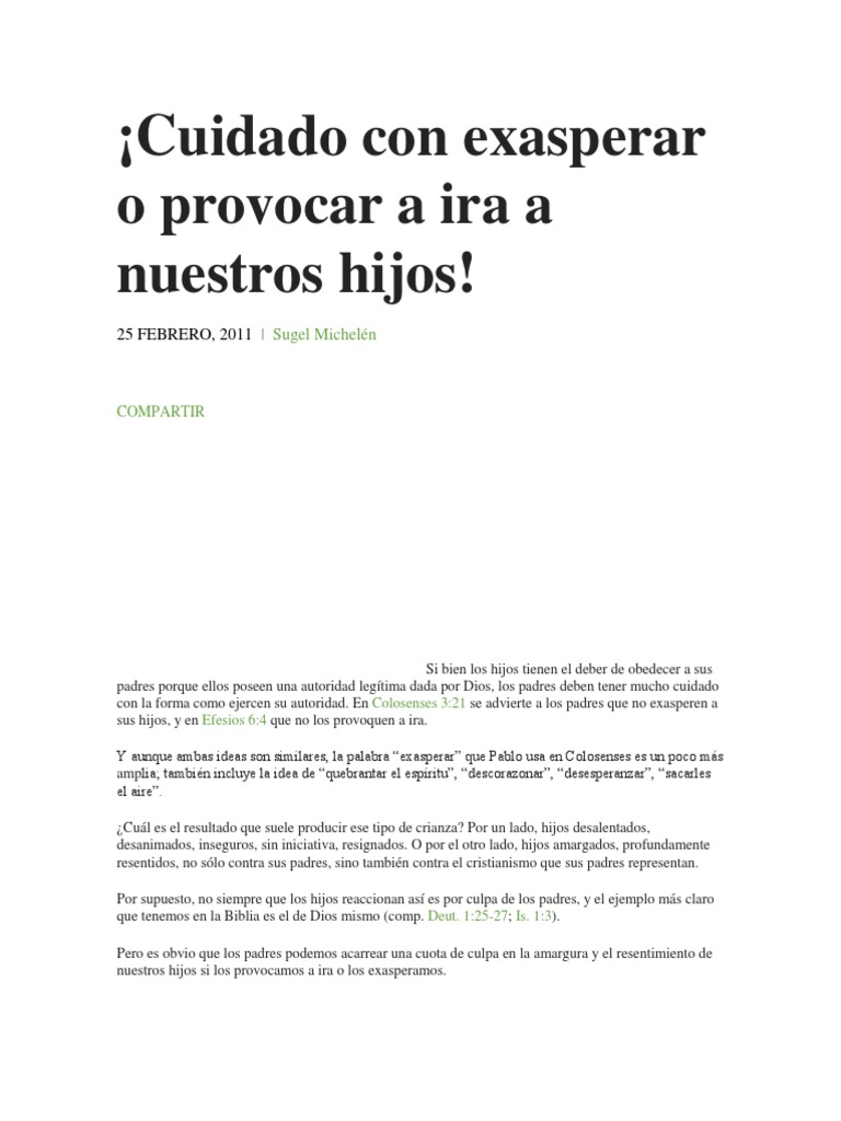 Cuidado Con Exasperar o Provocar A Ira A Nuestros Hijos | PDF ...