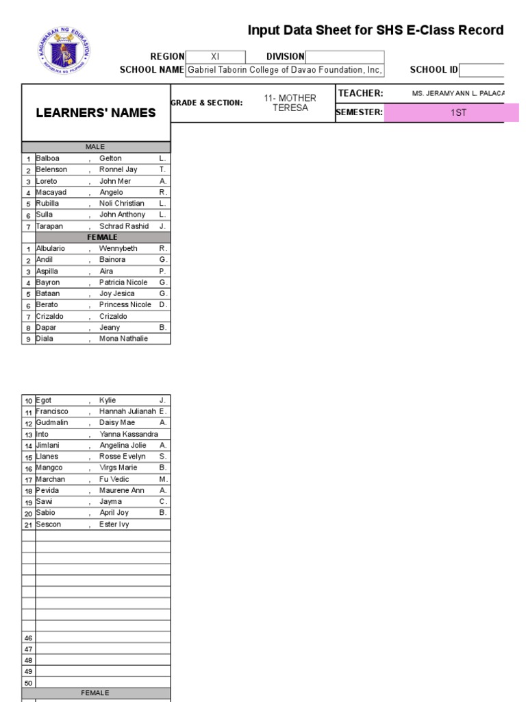 Learners' Names: Input Data Sheet For SHS E-Class Record | PDF