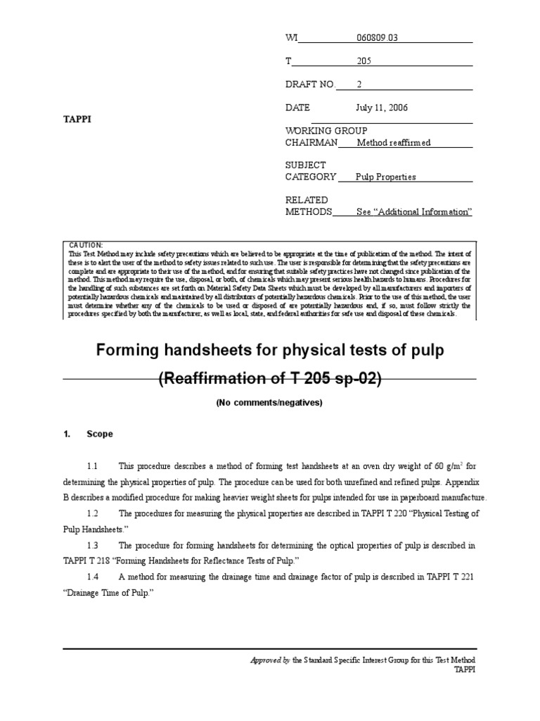 Forming Handsheets For Physical Tests of Pulp (Reaffirmation of T 205 ...