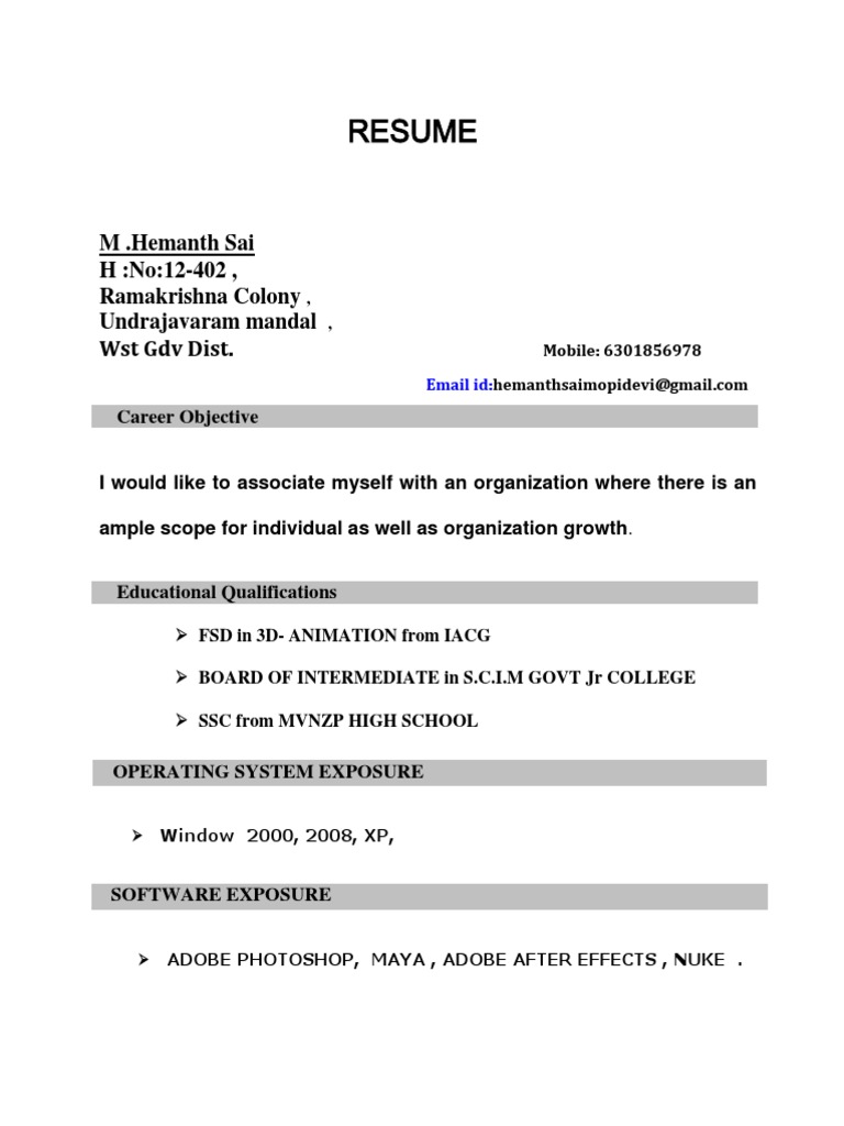 Resume: M .Hemanth Sai H:No:12-402, Ramakrishna Colony Undrajavaram ...