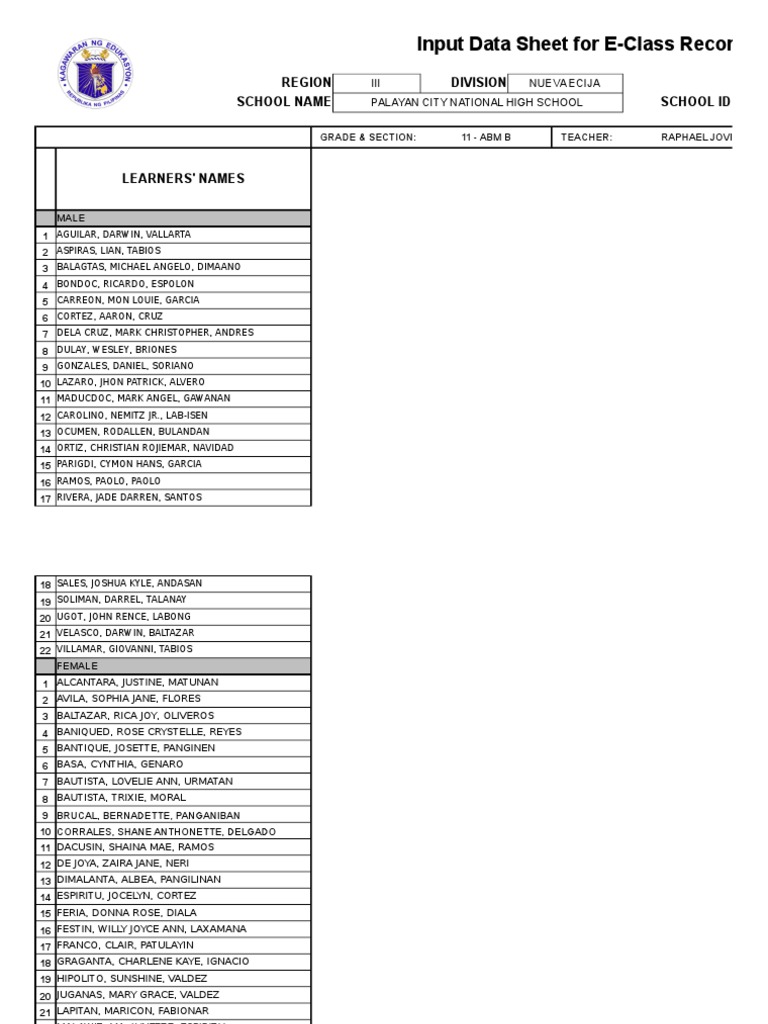 Input Data Sheet For E-Class Record: Region Division School Name School Id | PDF | Physical ...