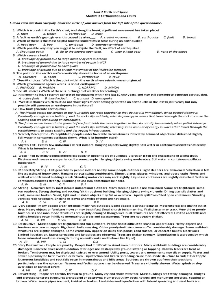 MONTHLY TEST Unit 2 Earth and Space | PDF | Earthquakes | Fault (Geology)