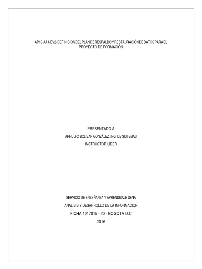 SENA - 12 AAP10-AA1-Ev2 - Definición Del Plan de Respaldo y Restauración de Datos para | PDF ...