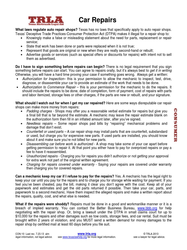 Consumer Protections When Getting Automotive Repairs in Texas: A Guide ...