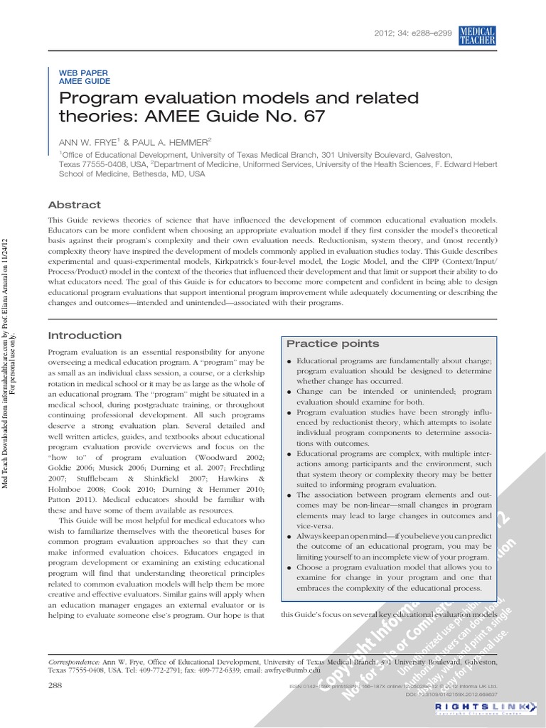Program Evaluation Models and Related Theories: AMEE Guide No. 67 | Download Free PDF | Program ...