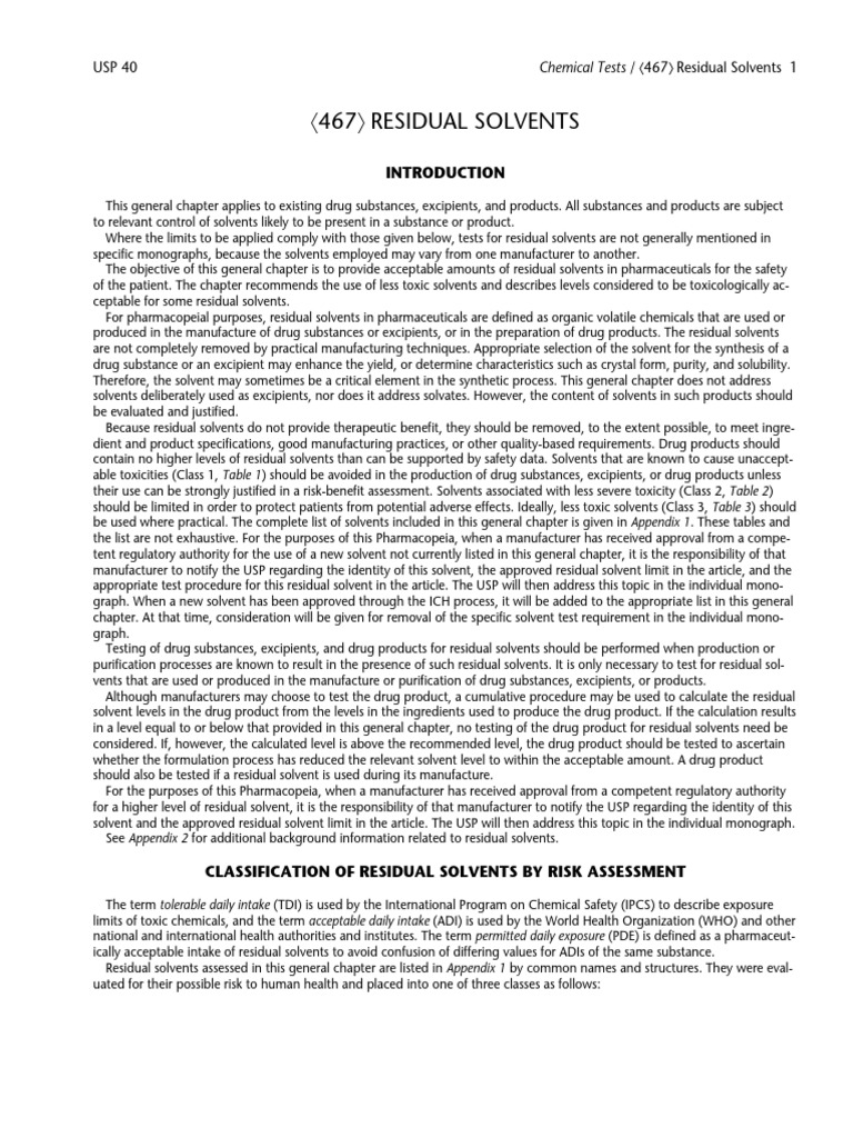 USP 467 Residual Solvents | PDF | Chromatography | Solution