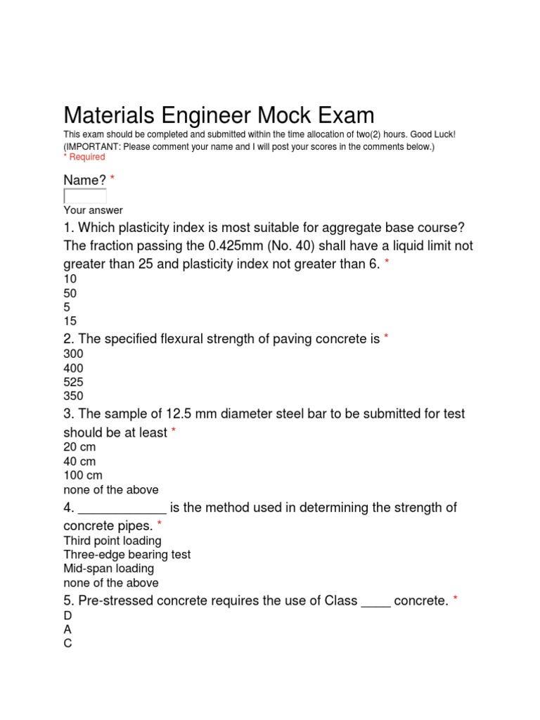 Materials Engineer Mock Exam | PDF | Road Surface | Asphalt