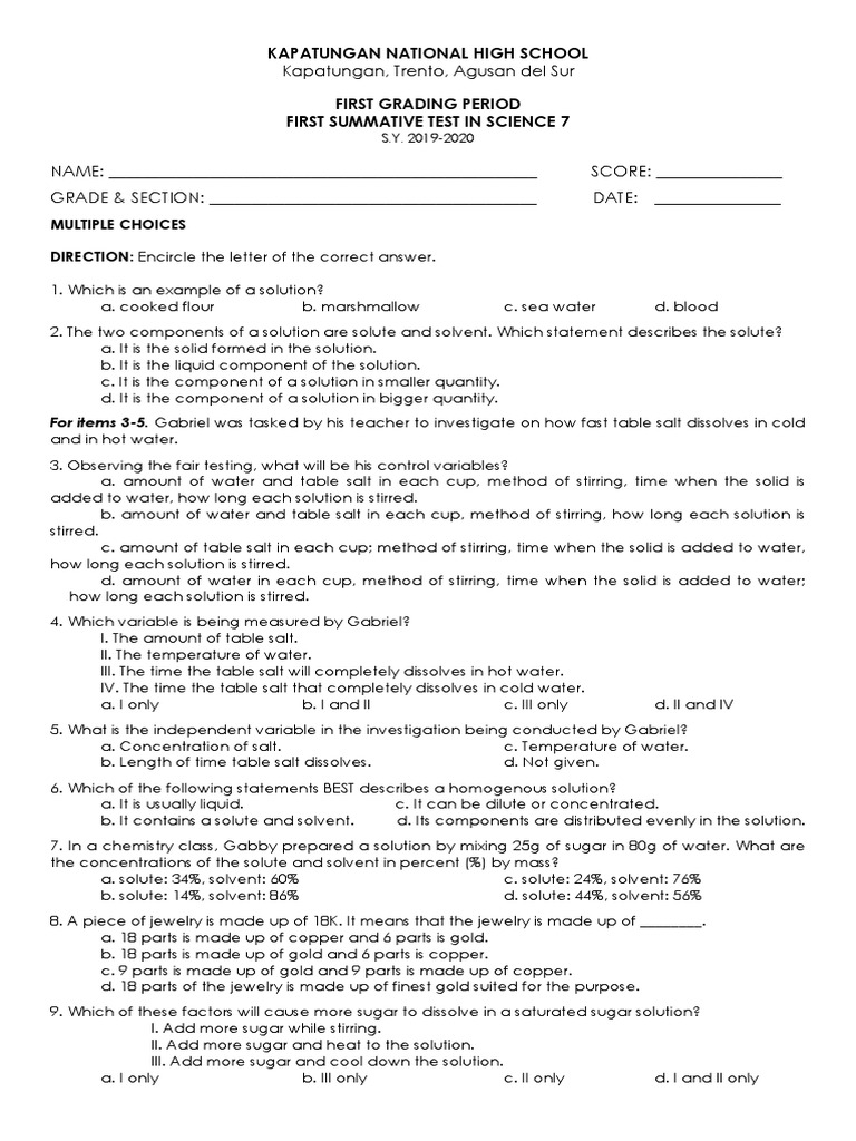 Science 7 First Quarter - 1st Summative Test | PDF | Solution ...