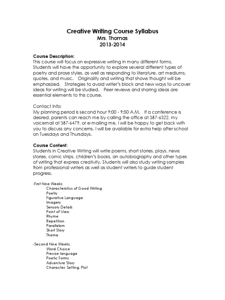 Creative Writing Course Syllabus: Mrs. Thomas 2013-2014 | PDF | Poetry ...