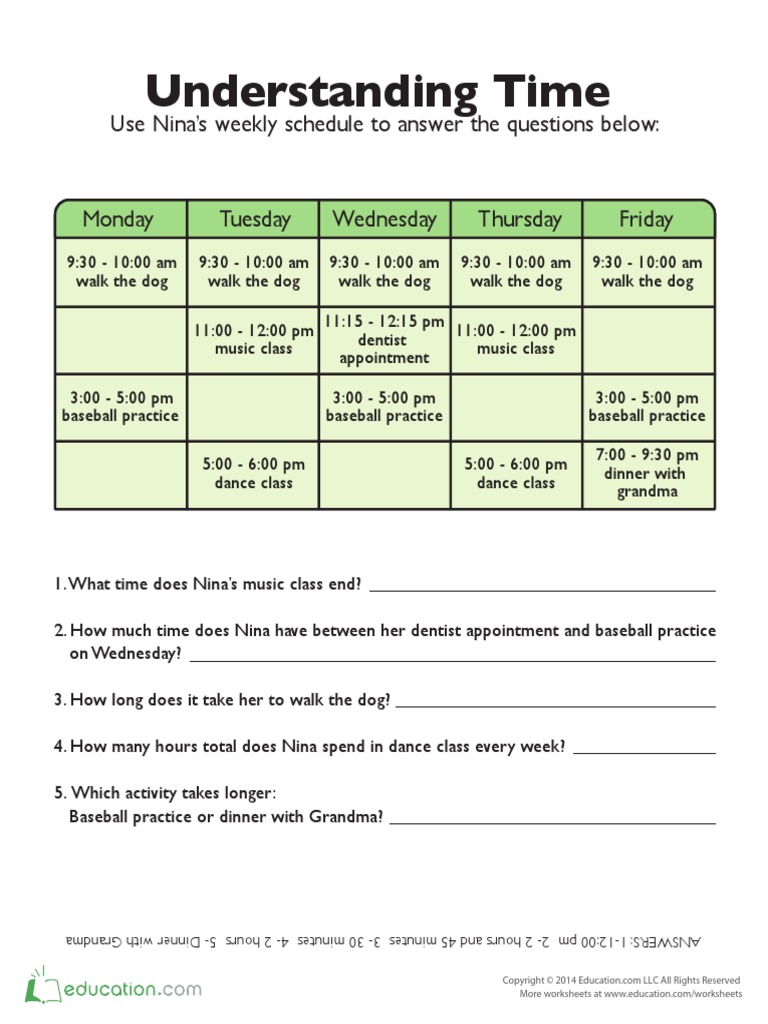 Understanding Time: Use Nina's Weekly Schedule To Answer The Questions ...