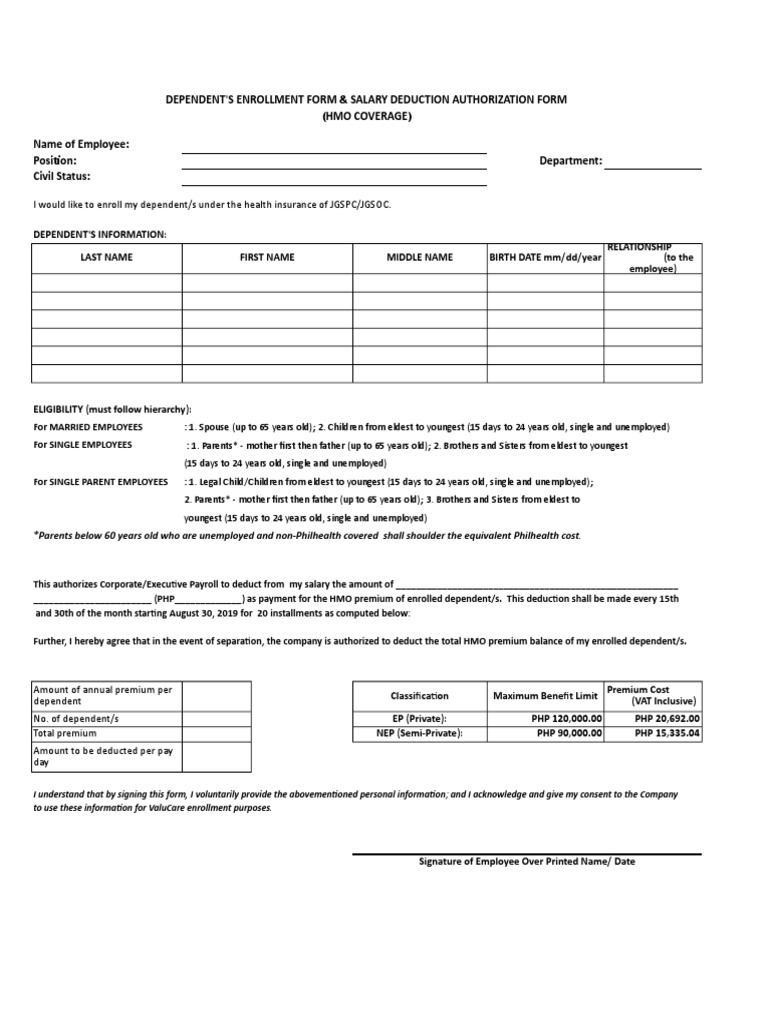HMO Dependents Enrolment Form and Salary Deduction Authorization Form 20... | PDF | Insurance ...