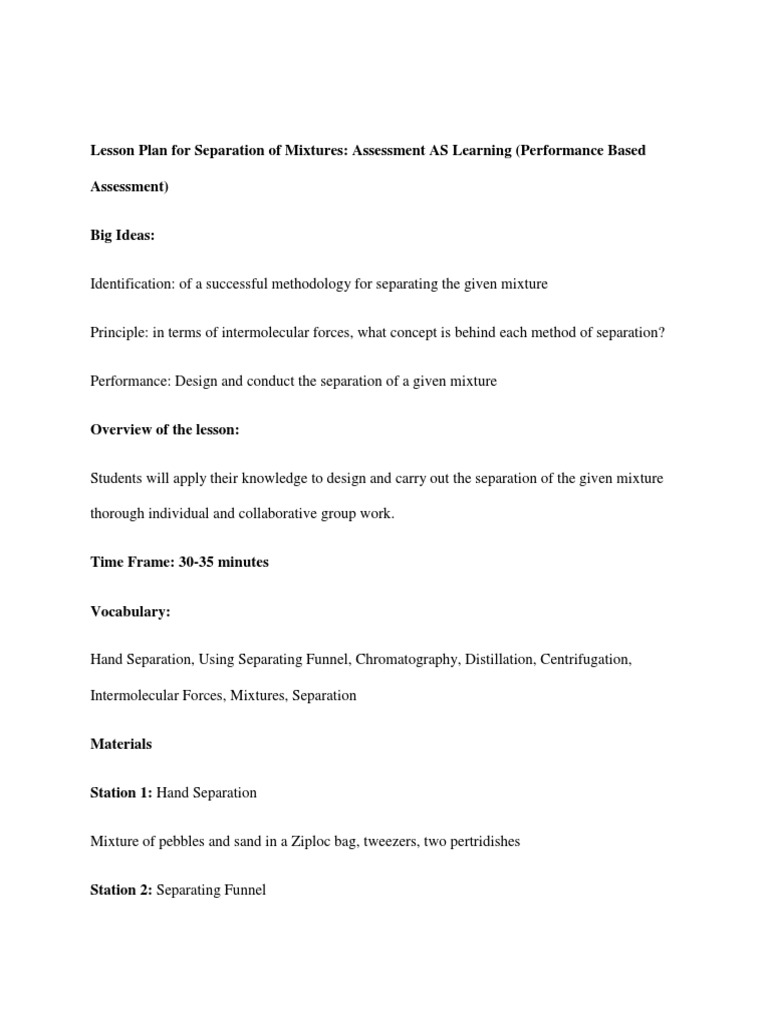 Lesson Plan For Separation of Mixtures: Assessment AS Learning ...