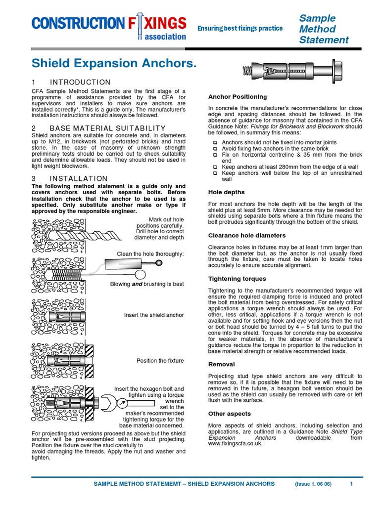 Shield Expansion Anchors.: Sample Method Statement | PDF | Screw | Nut ...