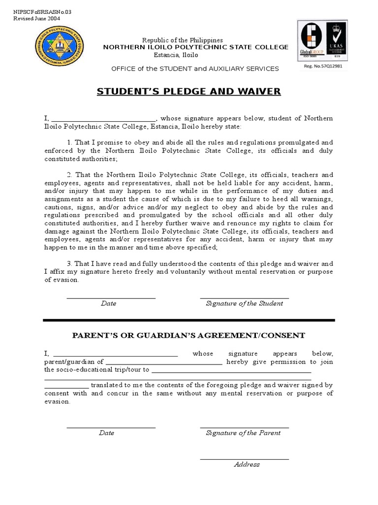 NIPSC Student Pledge and Waiver | PDF | Government | Justice