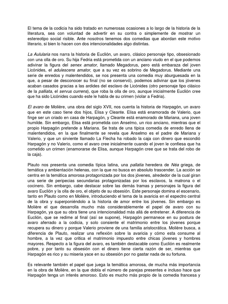 La Aulularia y El Avaro, Plauto y Molière | PDF | Comedia