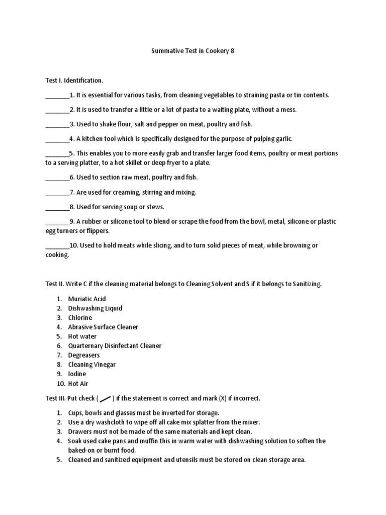 Cookery 8 Summative Test Guide | PDF | Spoon | Pasta