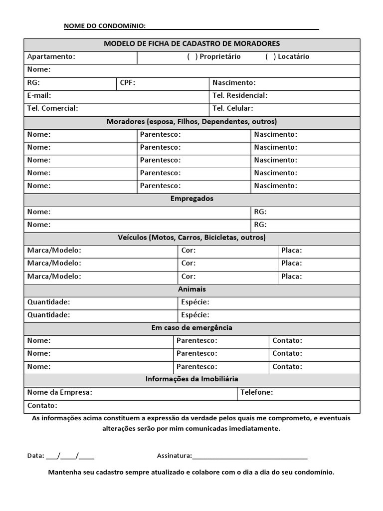 Modelo de Ficha de Cadastro de Moradores | Tecnologia e Engenharia ...