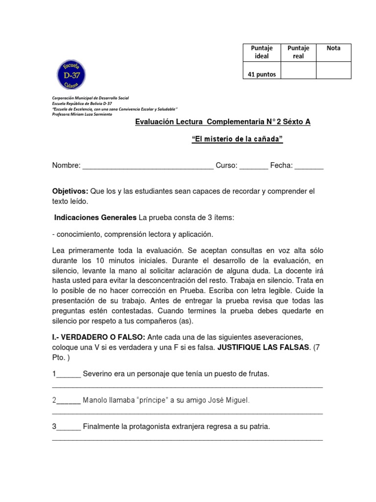 Prueba El Misterio de La Cañada | PDF