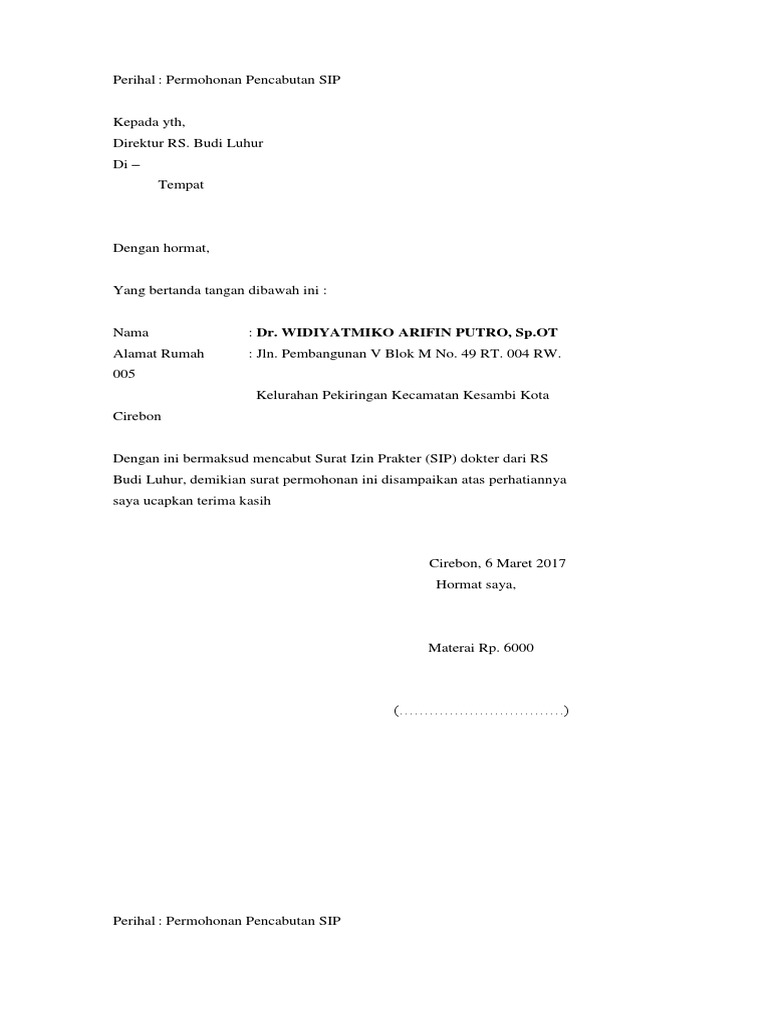 Permohonan Pencabutan SIP | PDF