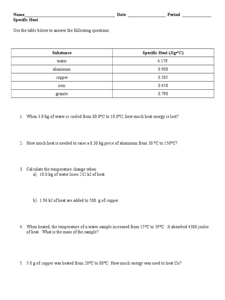 Specific Heat Worksheet | PDF