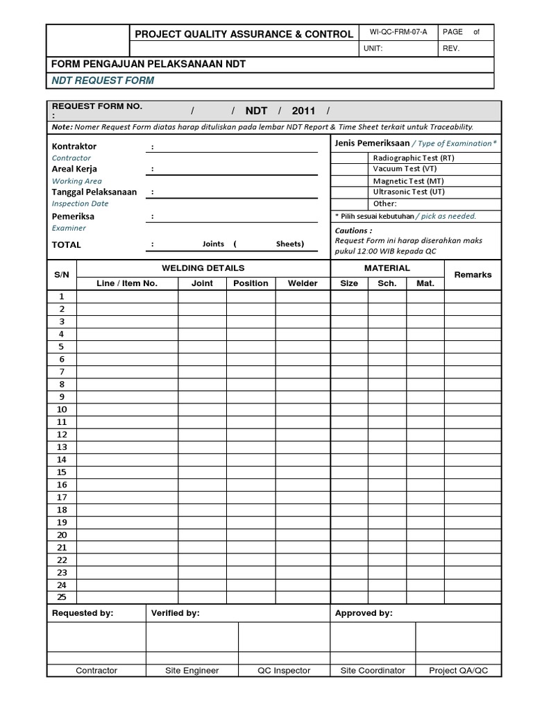 Ndt Request Form: Project Quality Assurance & Control