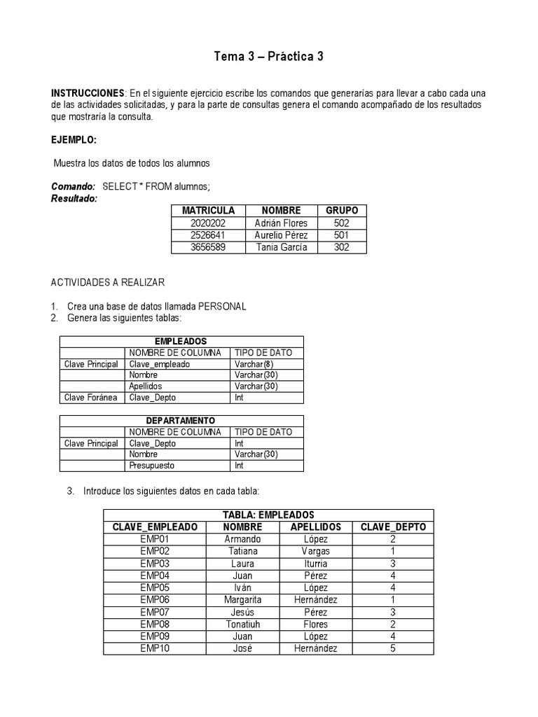 EJERCICIO DE TABLAS Y CONSULTAS EN MySQL PDF | PDF | Datos de ...