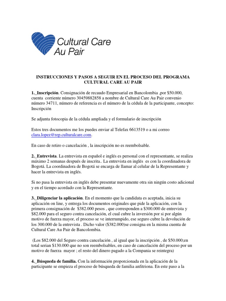 Instrucciones y Pasos A Seguir en El Proceso Del Programa Cultural Care Au Pair | PDF | Bogotá ...
