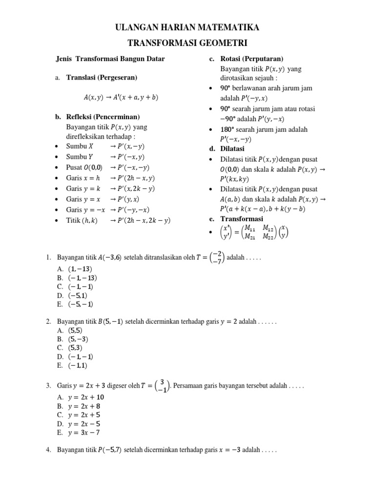 Ulangan Harian Transformasi Geometri Kelas Xii Farmasi | PDF