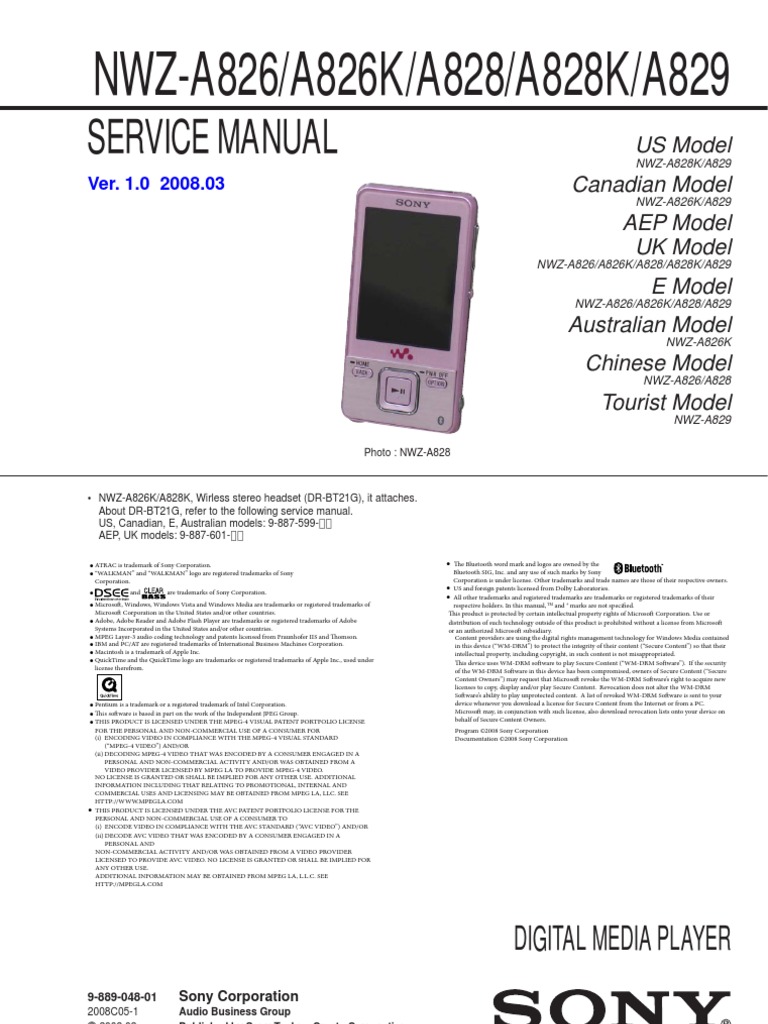 Sony NWZ-A826 A828 A829 SM | PDF | Mp3 | H.264/Mpeg 4 Avc
