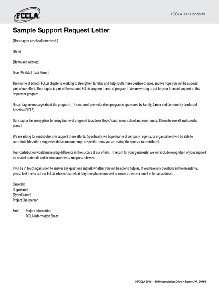 Sample Support Request Letter: FCCLA 101 Handouts | PDF