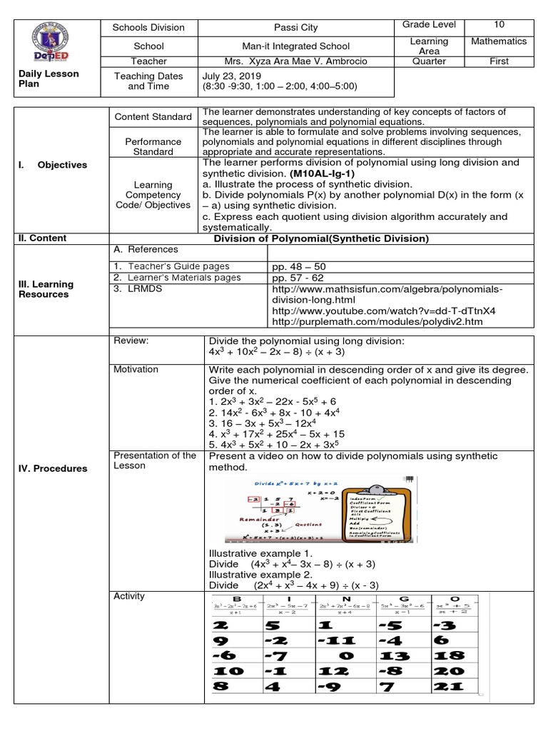 Grade 10 Math Lesson: Synthetic Division | PDF | Polynomial | Abstract ...