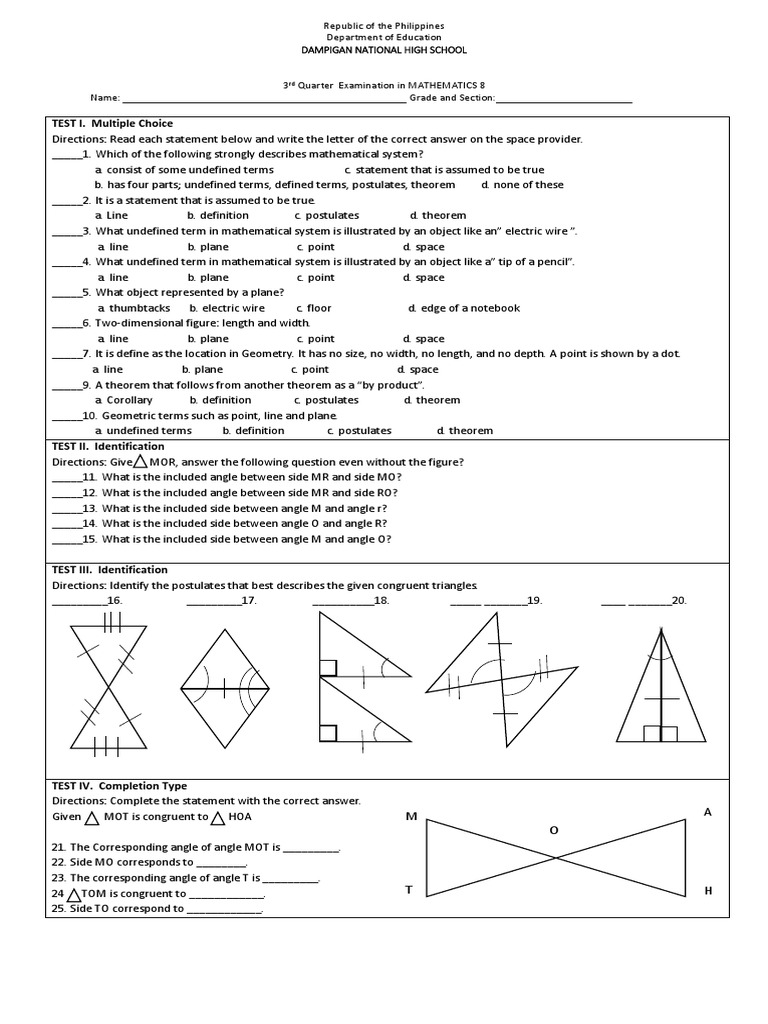 Mathematics Examination Covering Geometric Concepts of Points, Lines ...