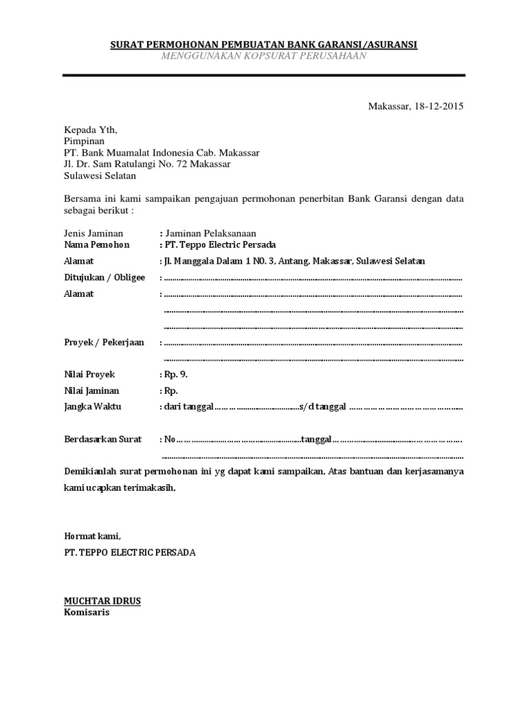 Contoh Surat Permohonan Bank Garansi | PDF
