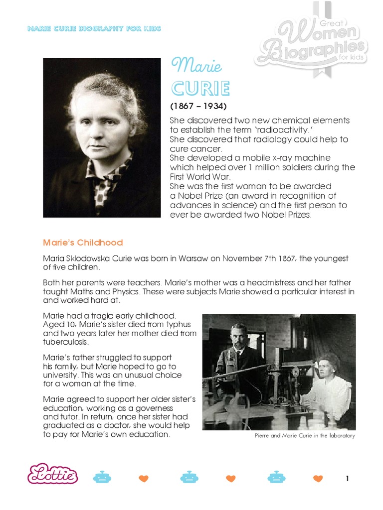 Marie Curie Biography For Kids | PDF | Marie Curie | Radiation