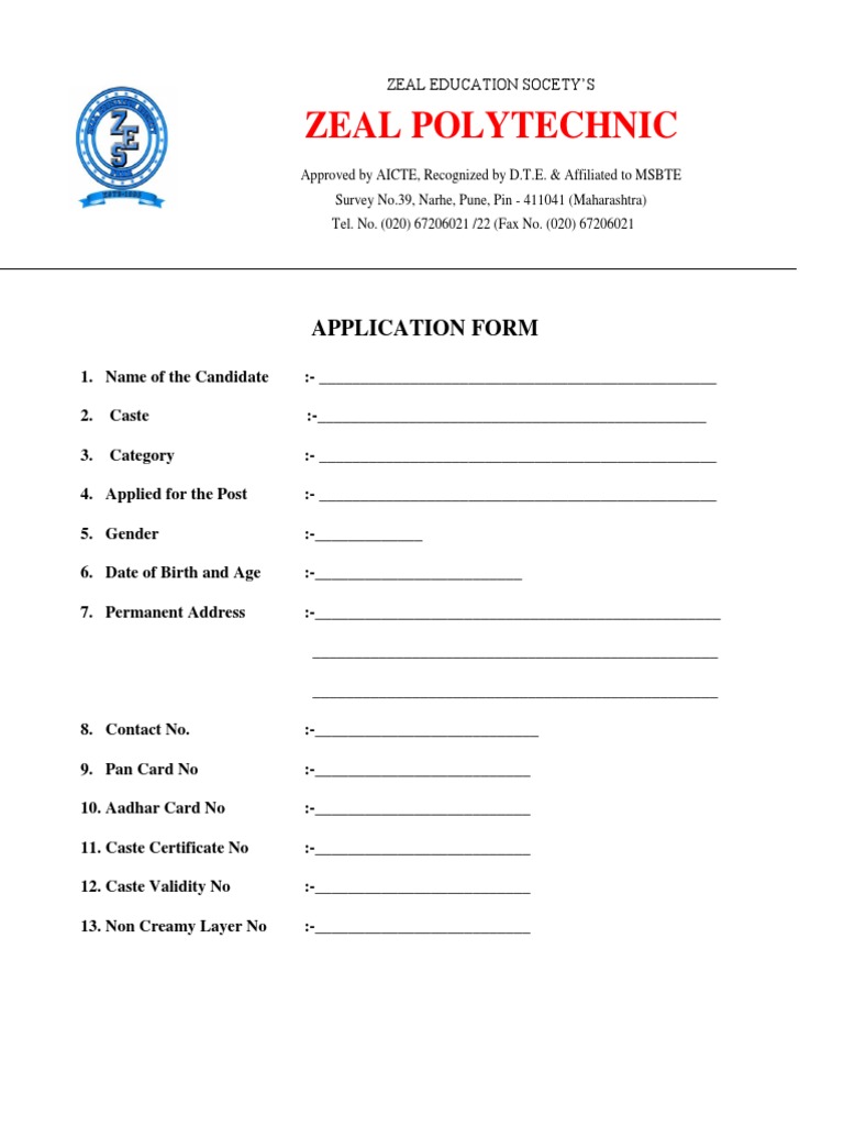 Zeal Polytechnic: Application Form | PDF | Academic Degree | Academia
