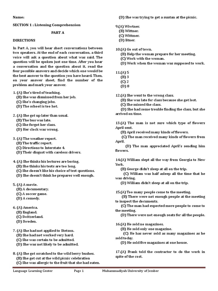 Listening Comprehension Questions | PDF