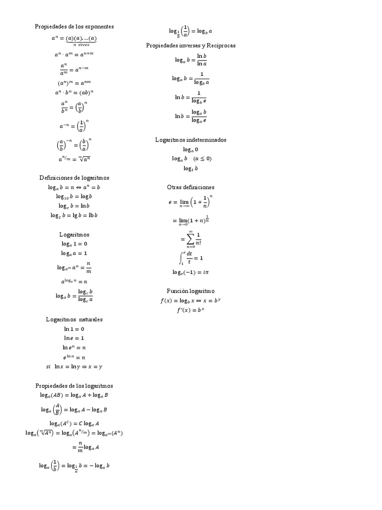 Formulario de Propiedades de Logaritmos | PDF | Logaritmo | Combinatoria