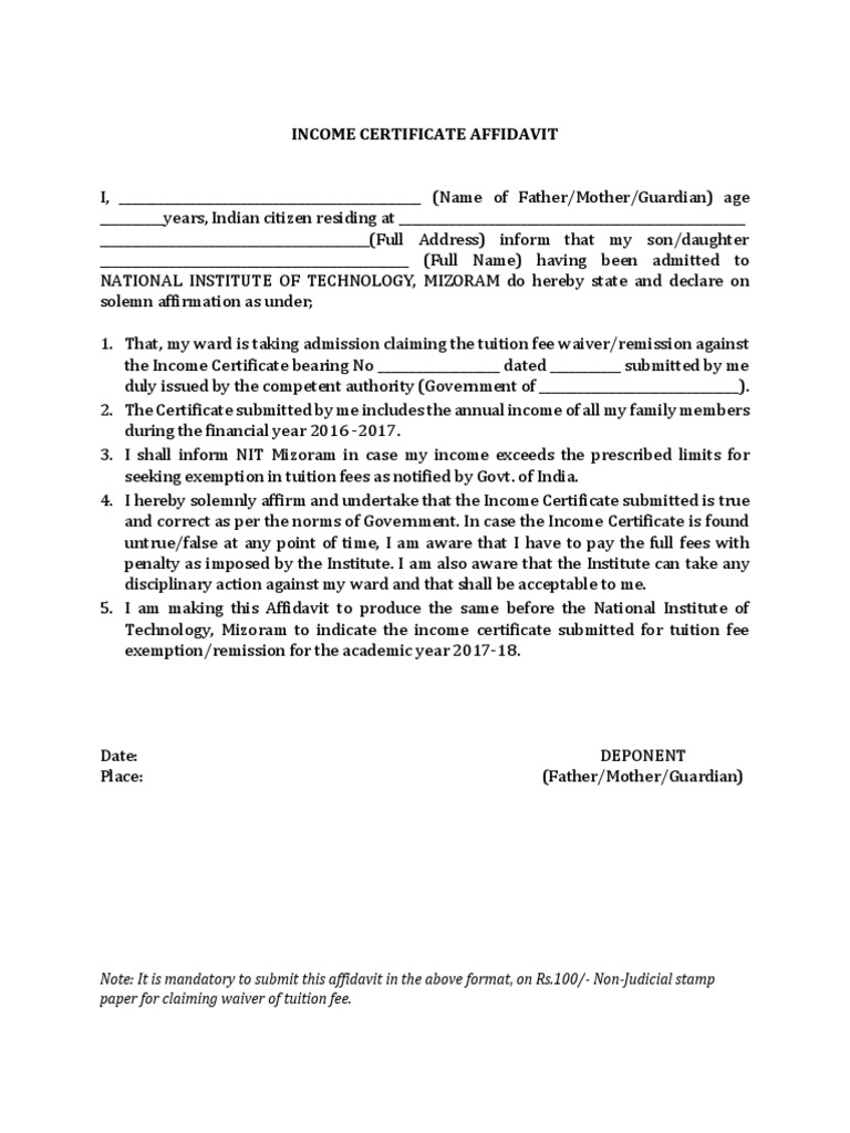 Income Certificate Affidavit Format | PDF | Affidavit | Social Institutions