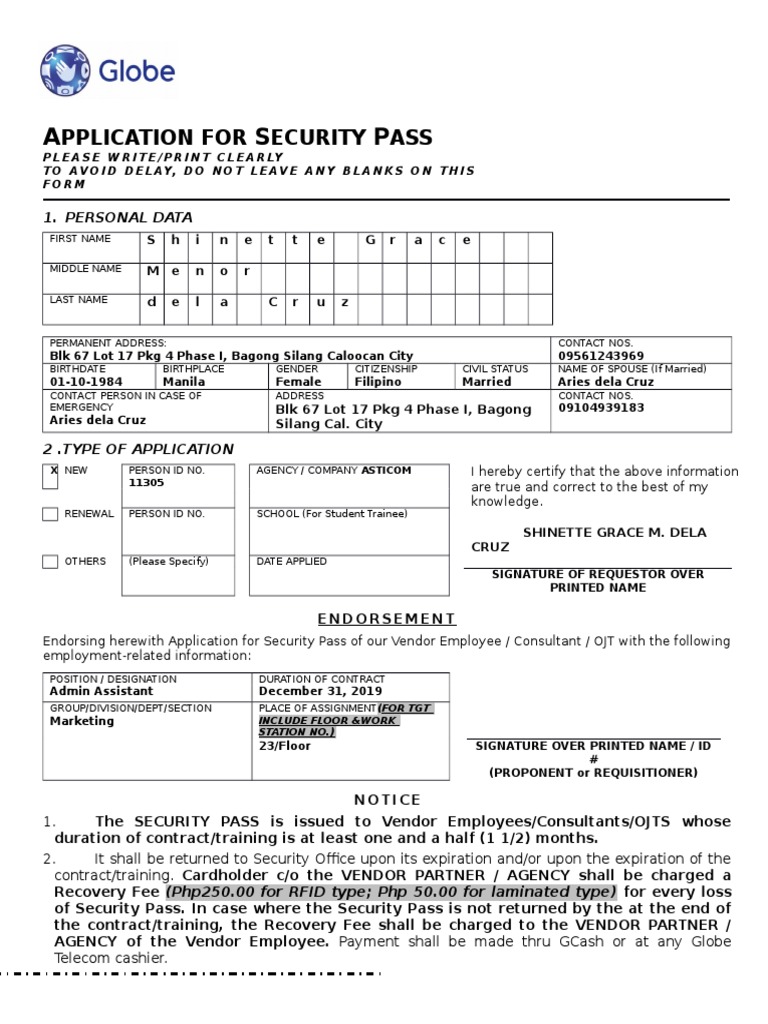 Security Pass Application Form | PDF | Government And Personhood | Justice
