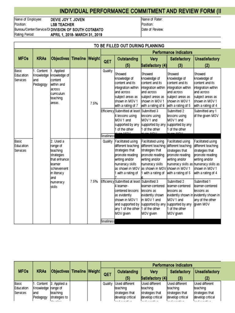 Individual Performance Commitment and Review Form (Ipcrf) For Teacher I ...